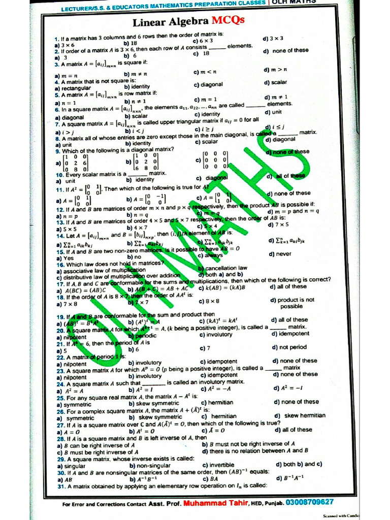 Linear Algebra Mcqs | PDF
