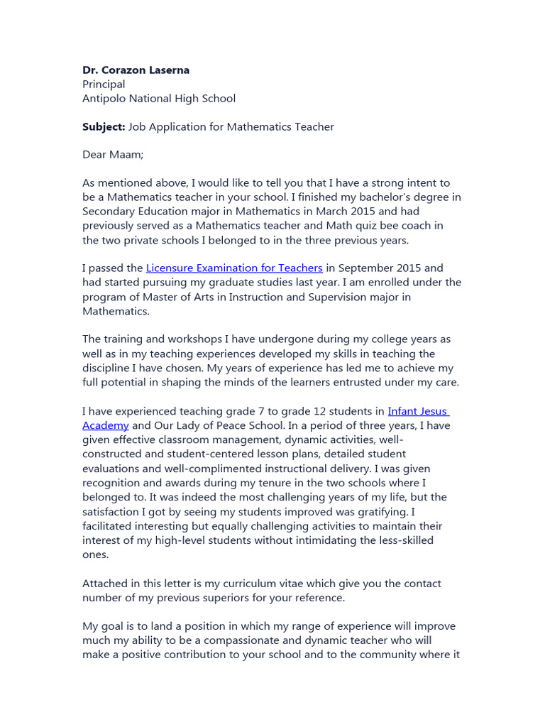 Sample Letter of Intent For DepEd Teacher Applicant | PDF