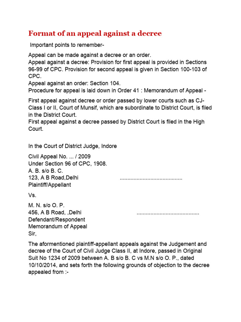 Format of An Appeal Against A Decree | PDF
