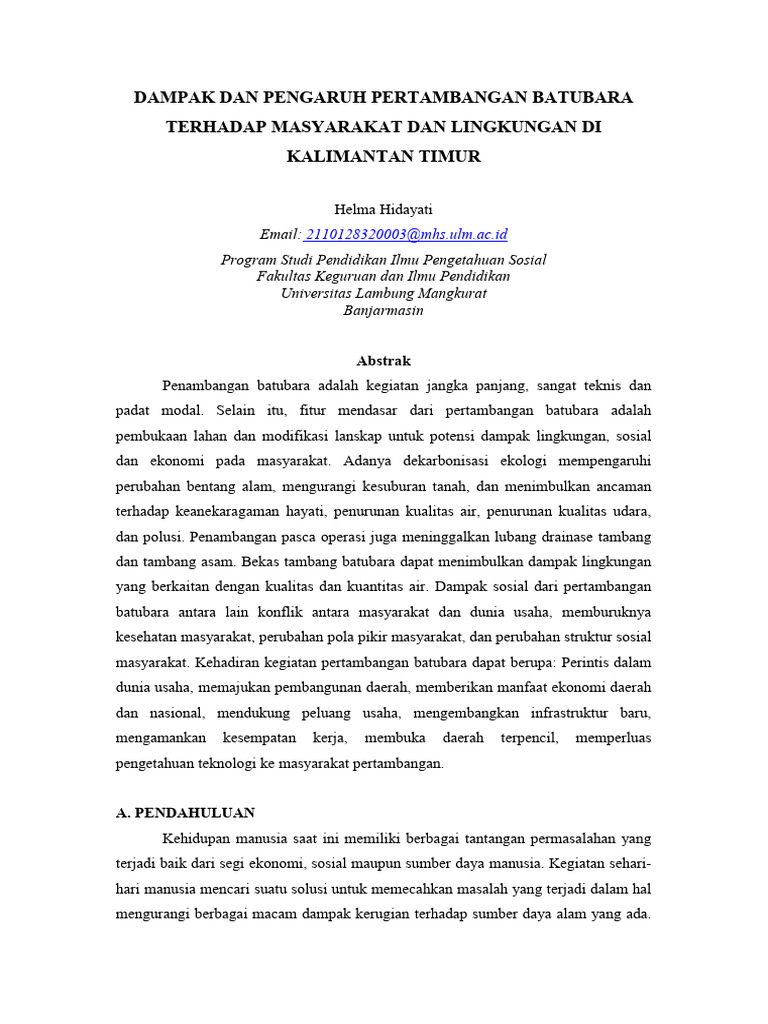 Artikel, DAMPAK DAN PENGARUH PERTAMBANGAN BATUBARA TERHADAP | PDF | Sains & Matematika ...