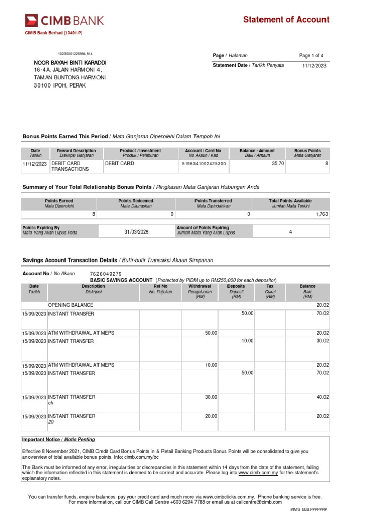 CIMB Bank Account Statement 2023 | PDF