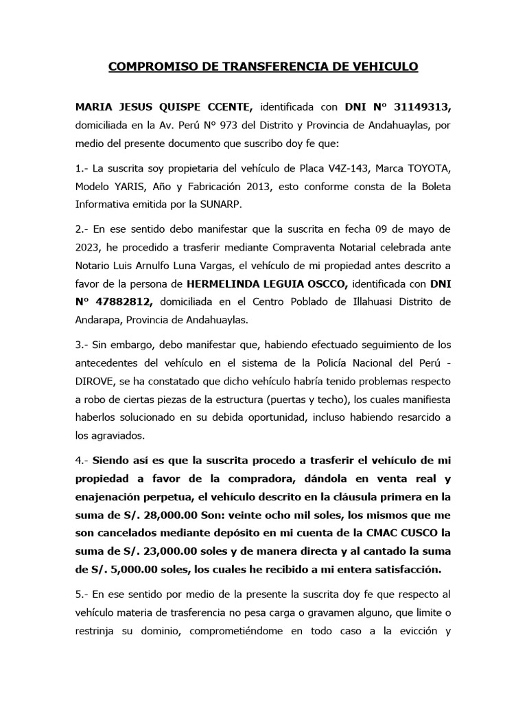 Compromiso de Transferencia de Vehiculo | PDF