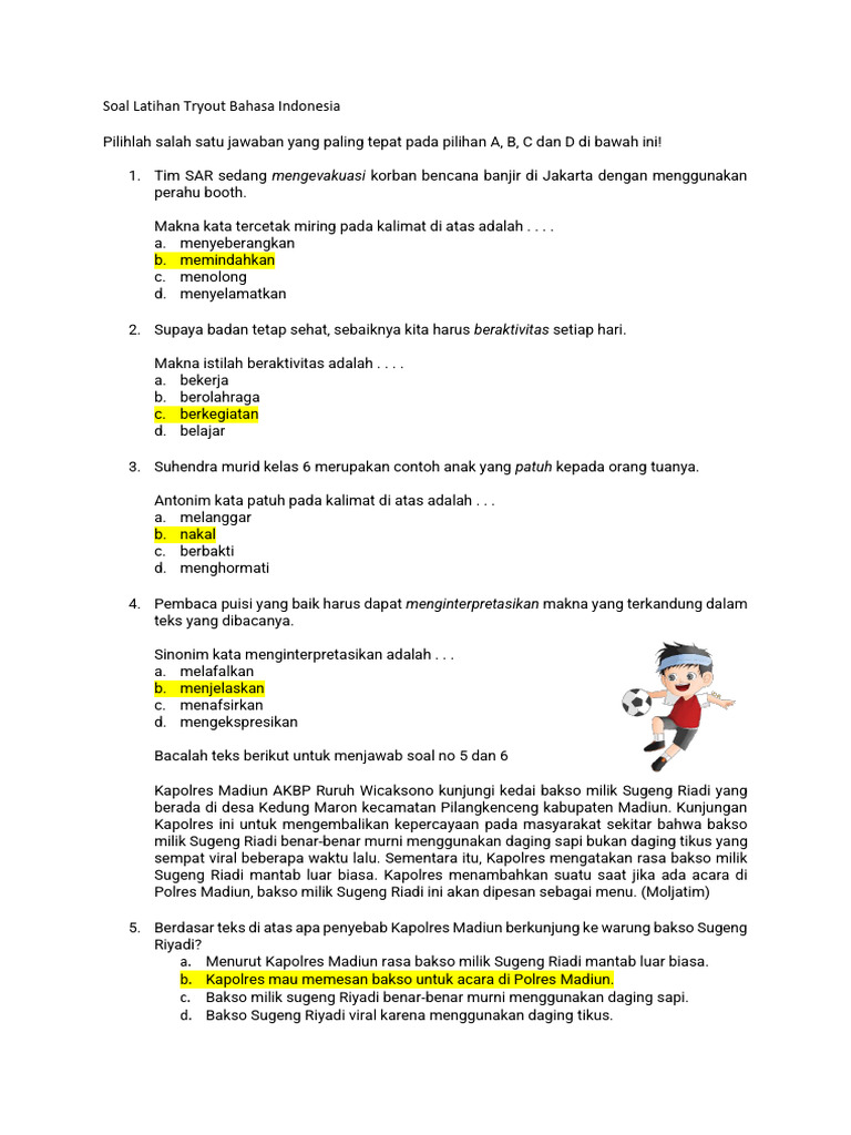 Soal Latihan Tryout Bahasa Indonesia Kelas 6 | PDF