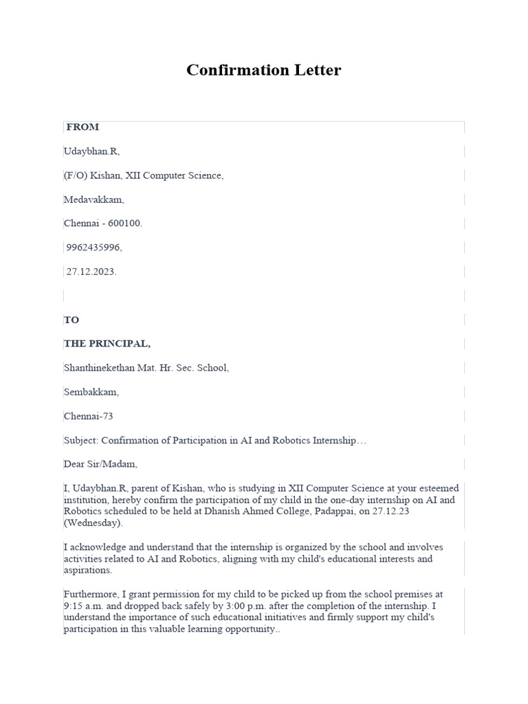 Confirmation Letter For AI and Robotic Program For Workshop PDF | PDF