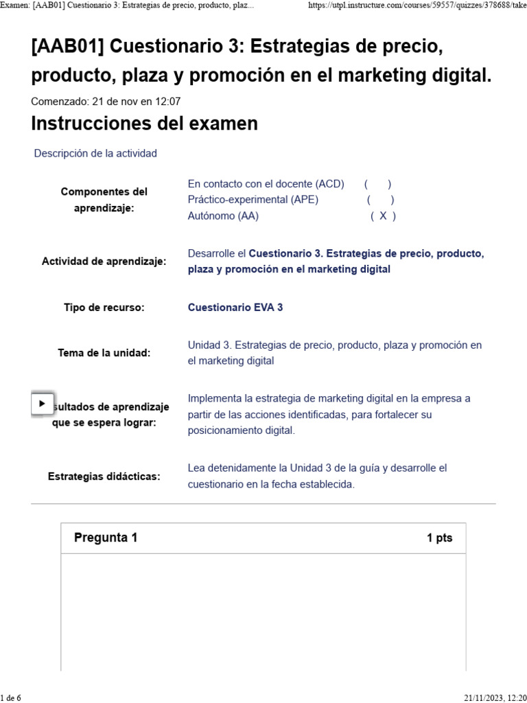 (AAB01) Cuestionario 3: Estrategias de Precio, Producto, Plaza y Promoción en El Marketing ...