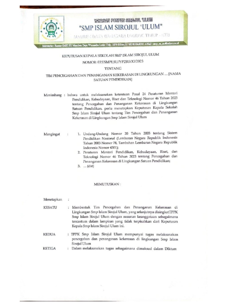 SK Kepala Sekolah Tim Pencegahan Kekerasan | PDF