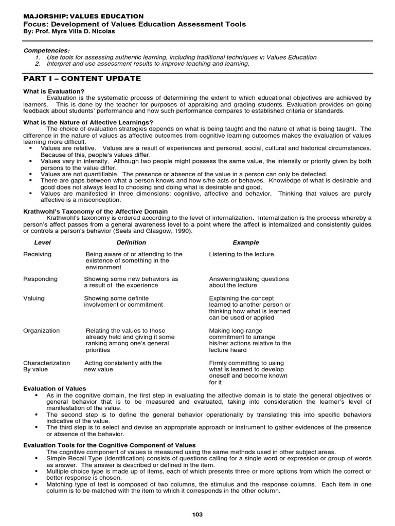 Development of Values Education Instructional Materials and Assessment ...