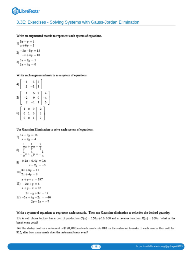 3.3E Exercises - Solving Systems With Gauss-Jordan Elimination | PDF