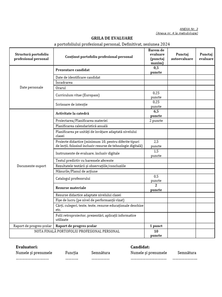 Grila Evaluare Portofoliu DEF 2024 | PDF