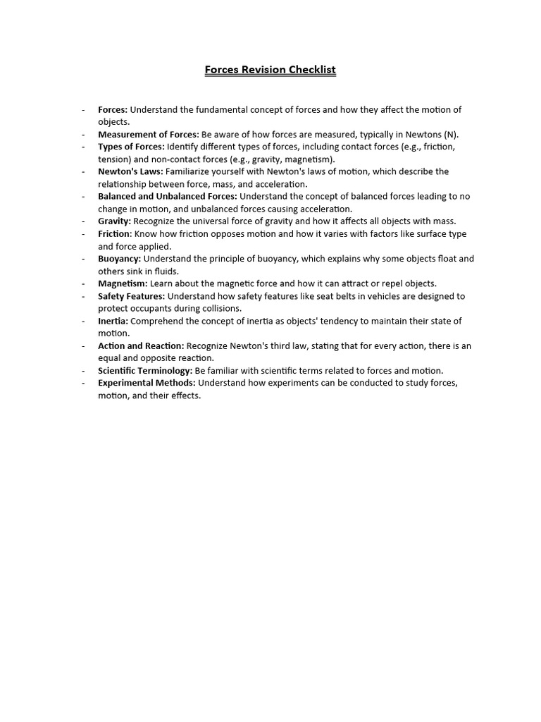 Forces Test Revision Checklist | PDF | Force | Buoyancy