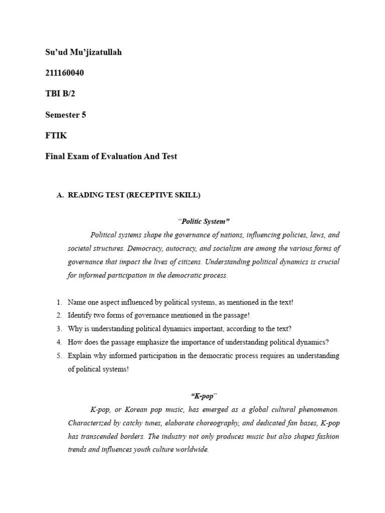 Test and Eva Final Exam Su'Ud | PDF
