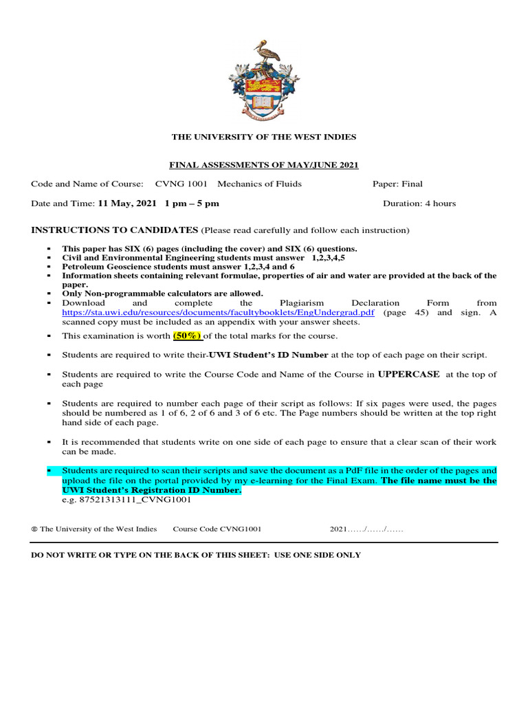 Mech of Fluids - Final Exam 2021 | PDF