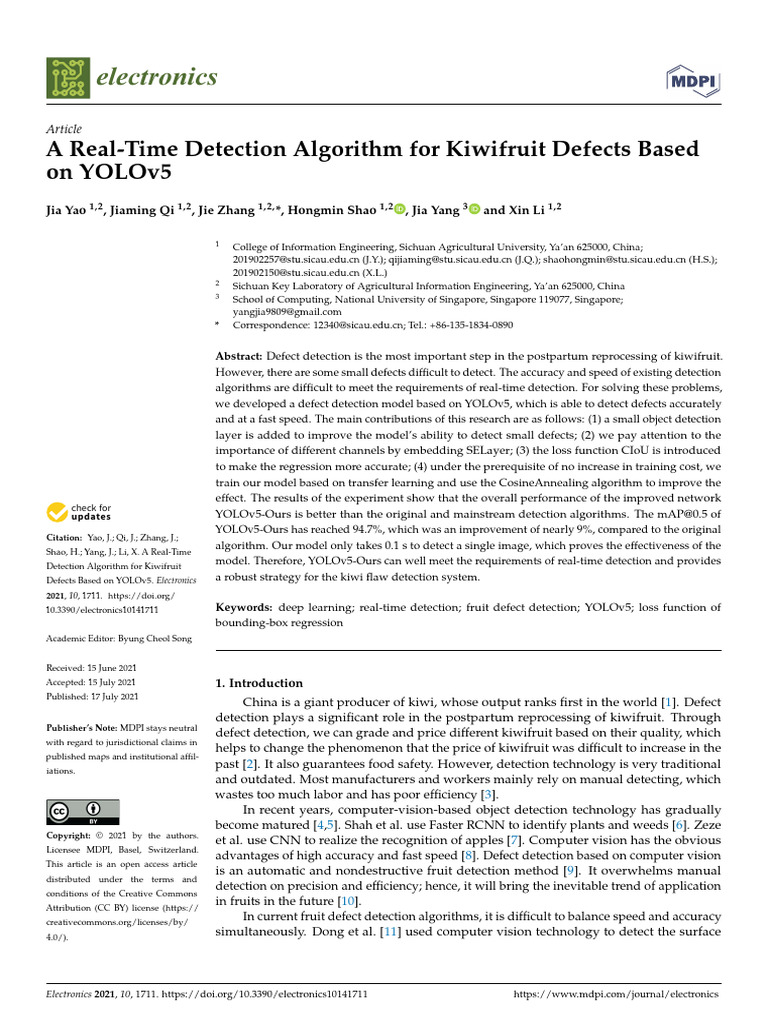 A Real-Time Detection Algorithm For Kiwifruit Defects Based On YOLOv5 | PDF