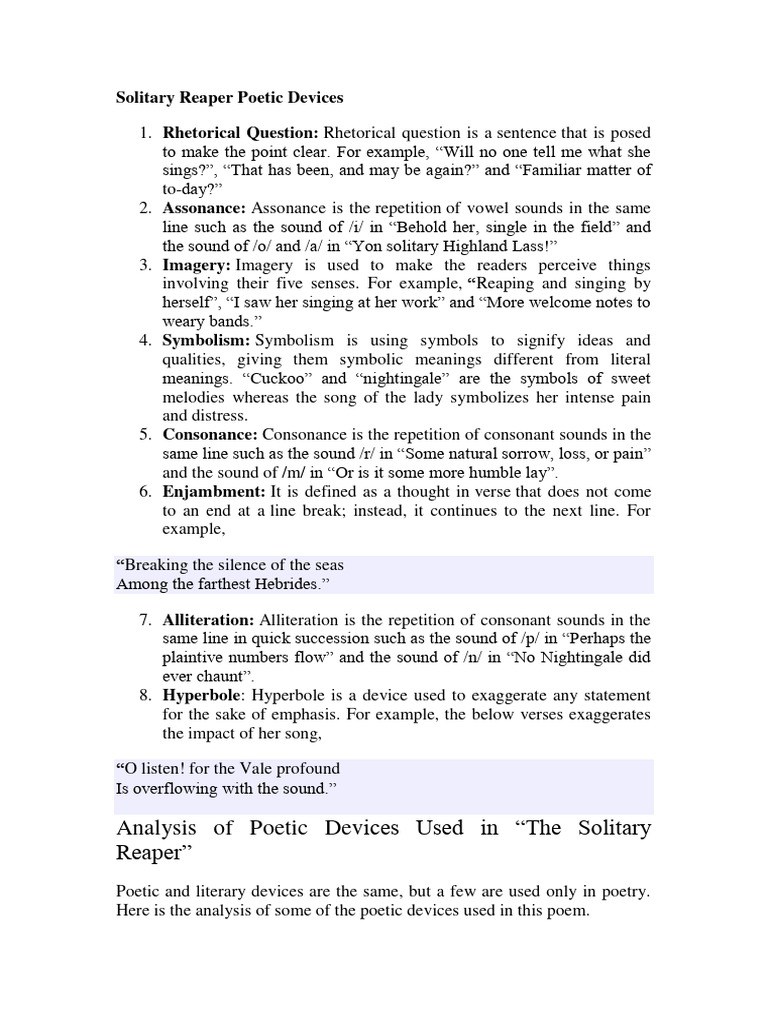 "The Solitary Reaper Poetic Devices | PDF