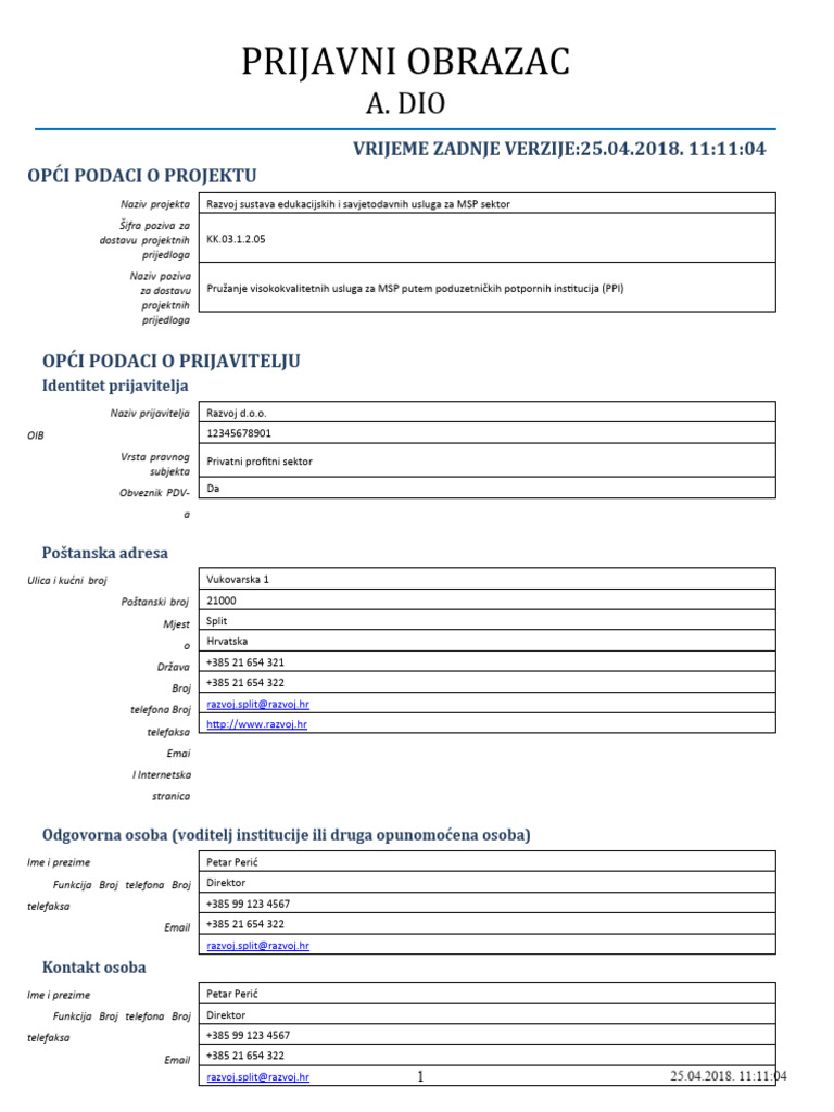 Prijavni obrazac A dio | PDF