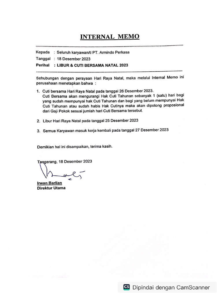 Internal Memo Libur & Cuti Bersama Natal 2023 | PDF
