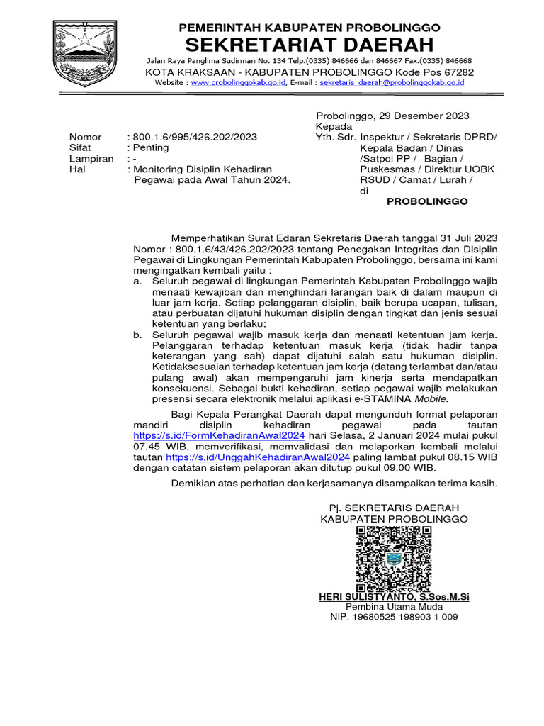 Monitoring Disiplin Kehadiran Pegawai Kab Prob 2024 | PDF