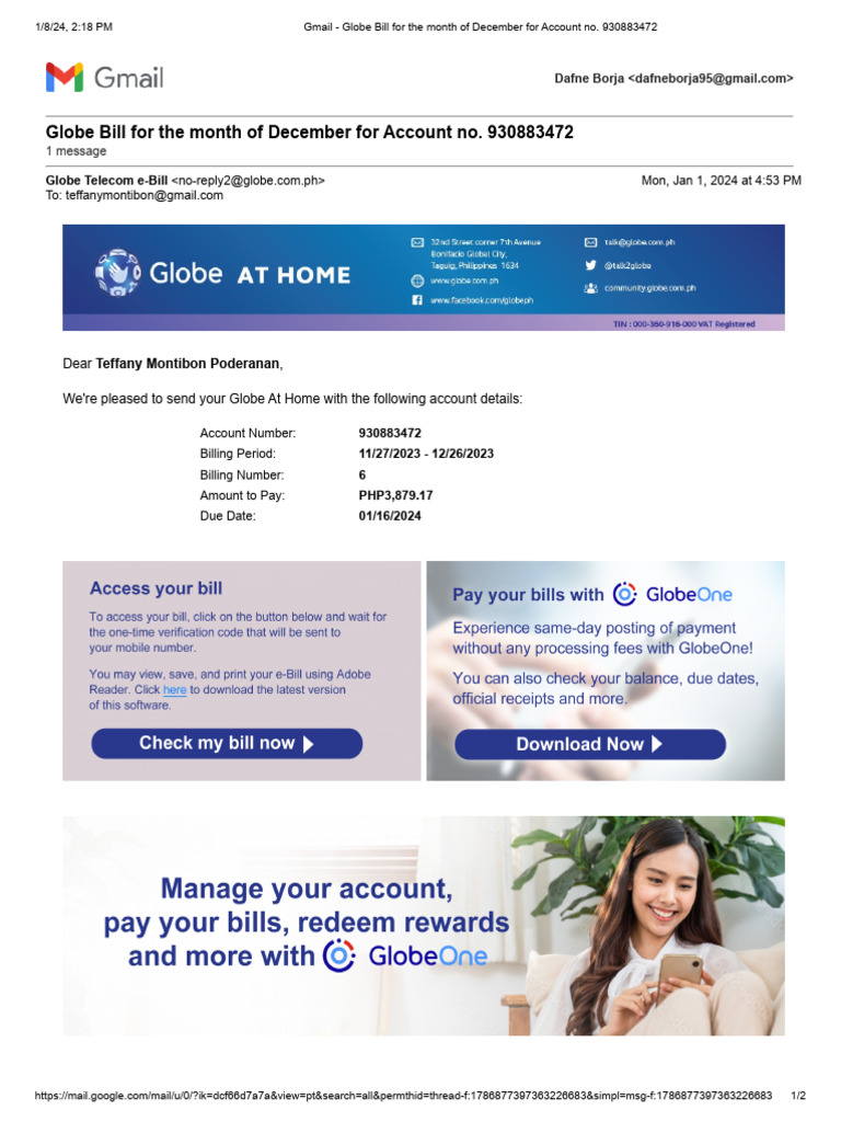 December Globe Bill Notification | PDF | Finance & Money Management