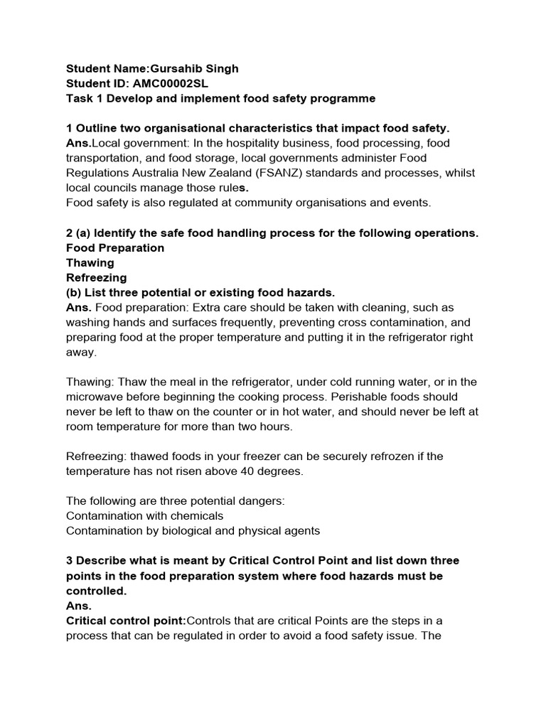 Task 1 Develop and Implement Food Safety Programme | PDF