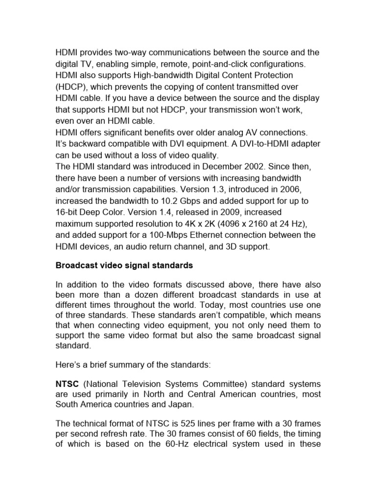 Broadcast Standards and HDMI Overview | PDF | Home & Garden | Computers