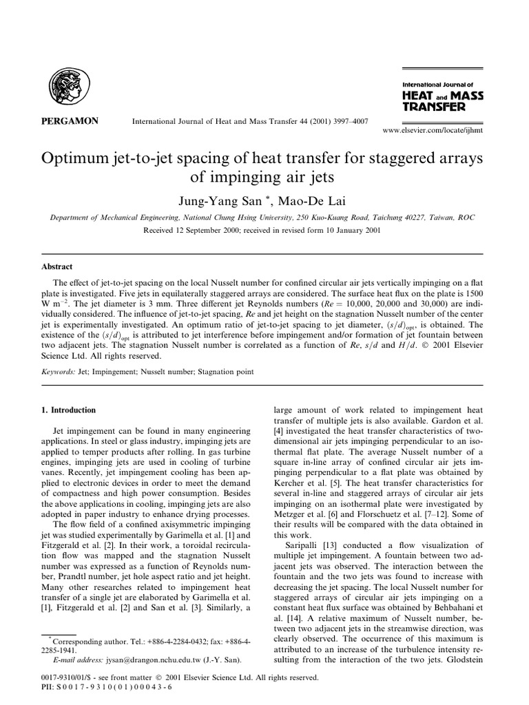 2001, Optimum Jet To Jet Spacing of Heat Transfer For Staggered Arrays ...