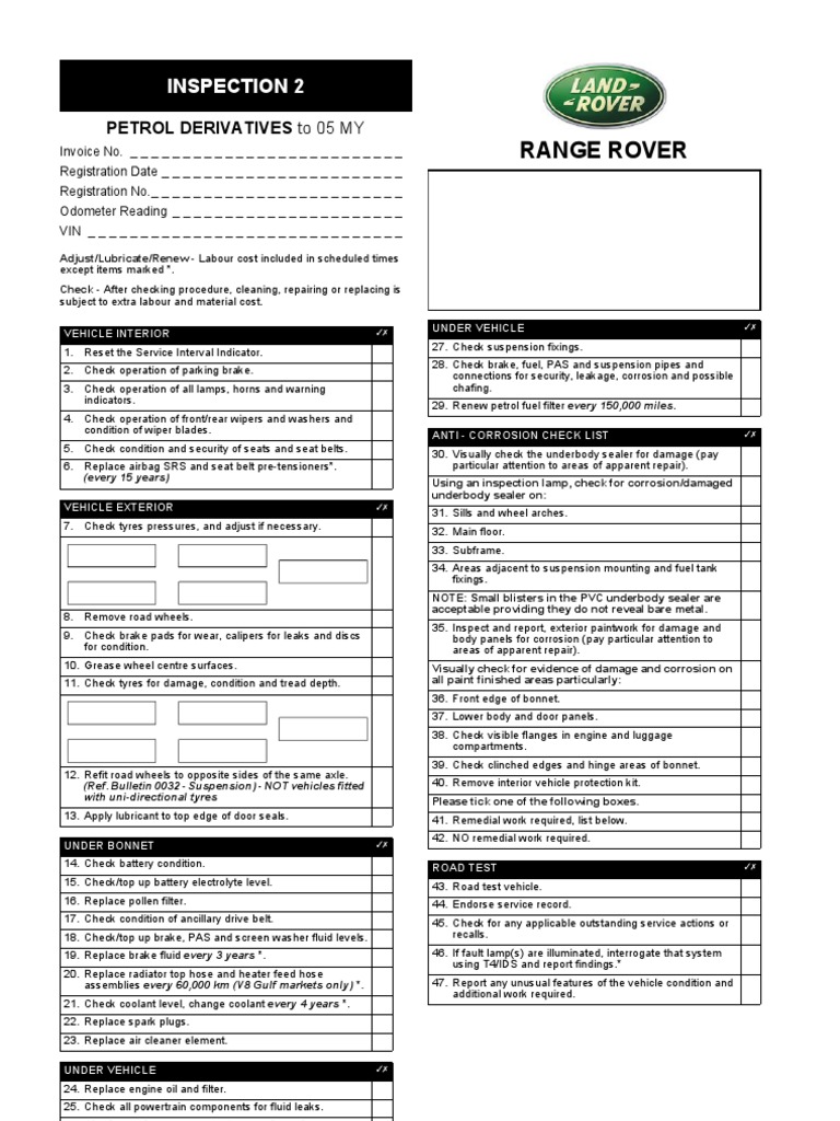 Range Rover Inspection Checklist | PDF | Car | Automobiles