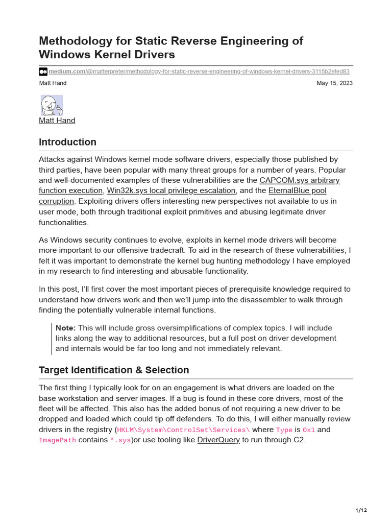 Methodology For Static Reverse Engineering of Windows Kernel Drivers | PDF | Computers