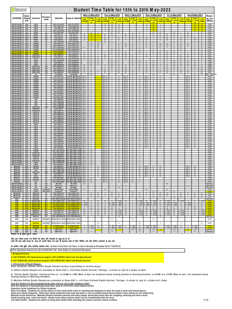 Student Time Table For 15th To 20th May-2023: Room No. For Offline ...