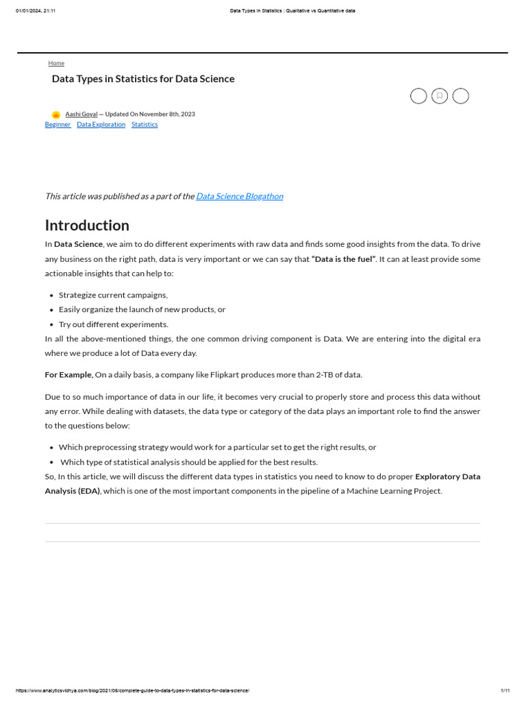 Data Types in Statistics - Qualitative Vs Quantitative Data | PDF