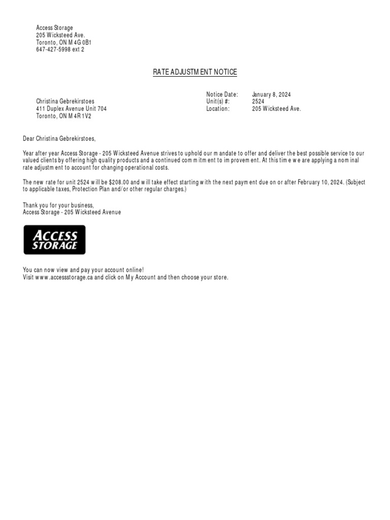Access Storage Rate Adjustment Notice | PDF