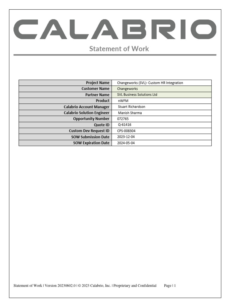 SOW - Changeworks (SVL) - Custom HR Integration - Custom HR Integration | PDF