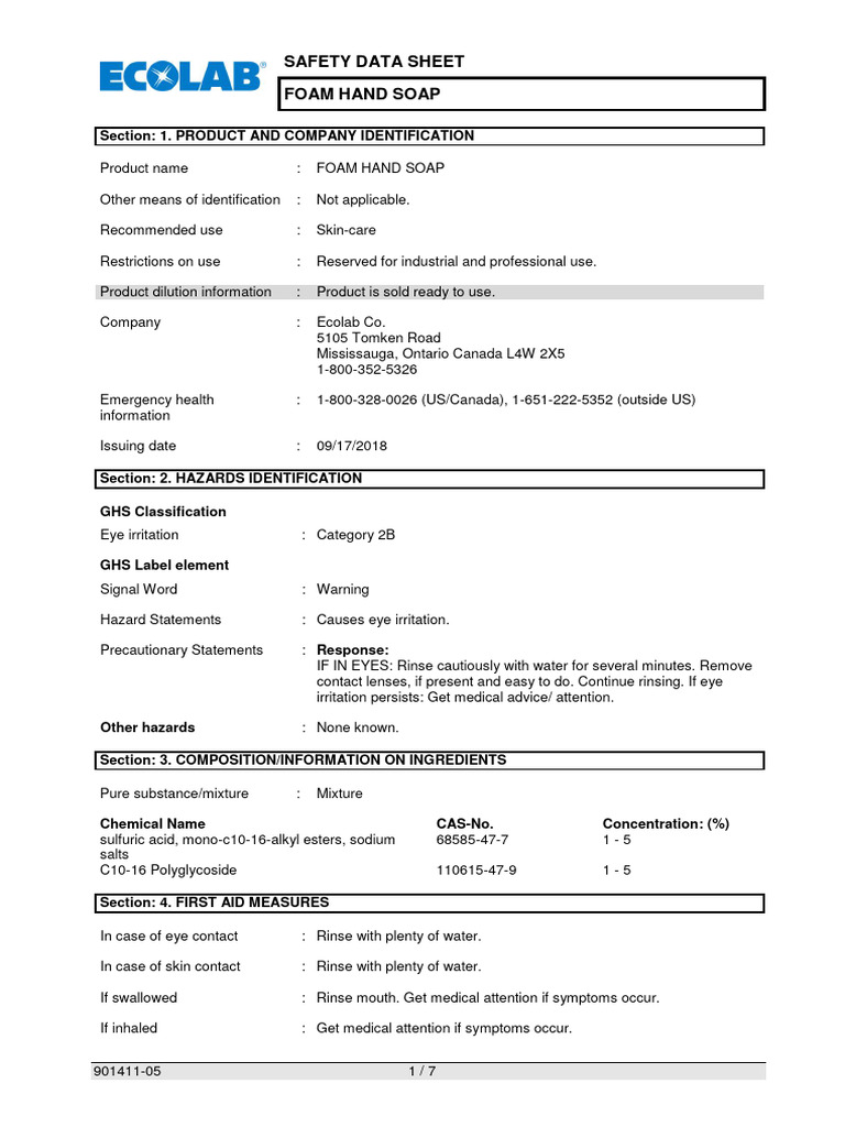 EcoLab FOAM HAND SOAP | Download Free PDF | Toxicity | Waste Management