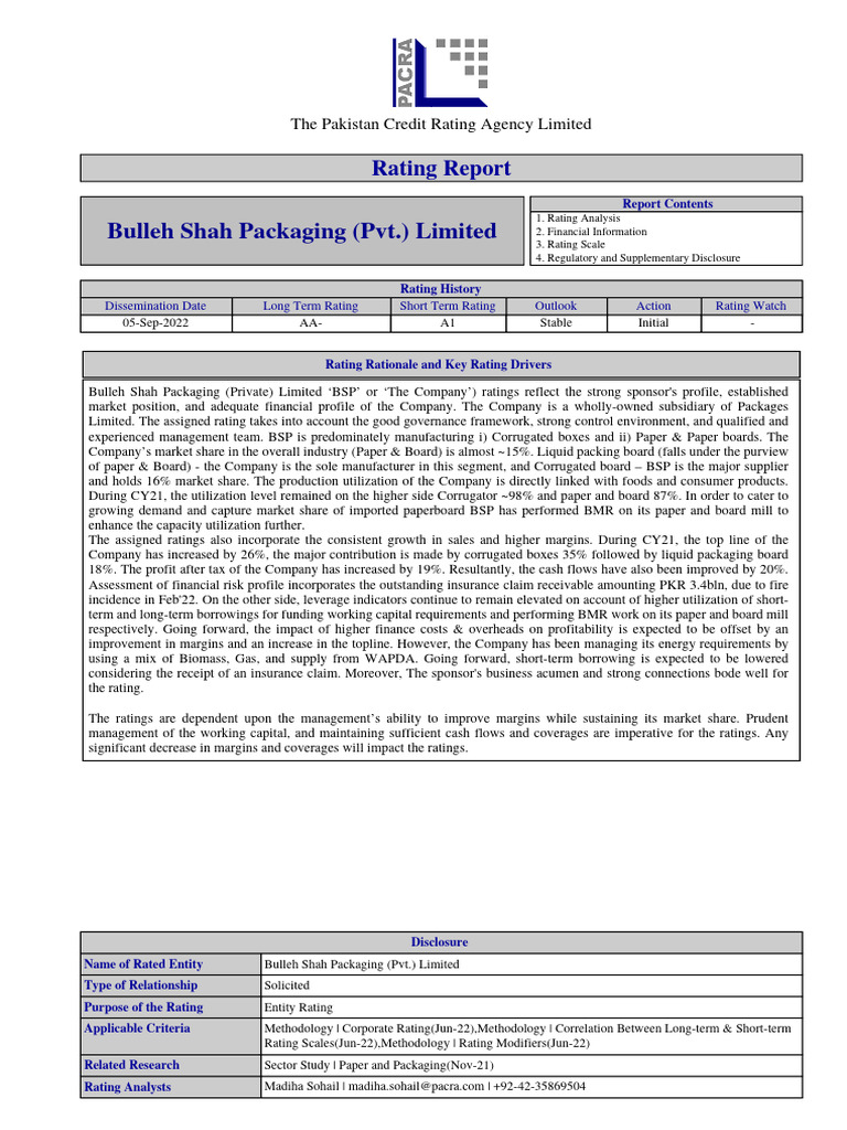 Bulleh Shah Packaging (PVT.) Limited: Rating Report | Download Free PDF ...