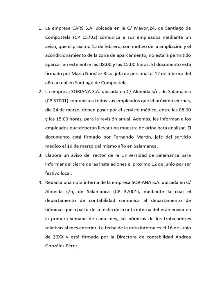 Ejercicios Aviso y Nota Interna | PDF