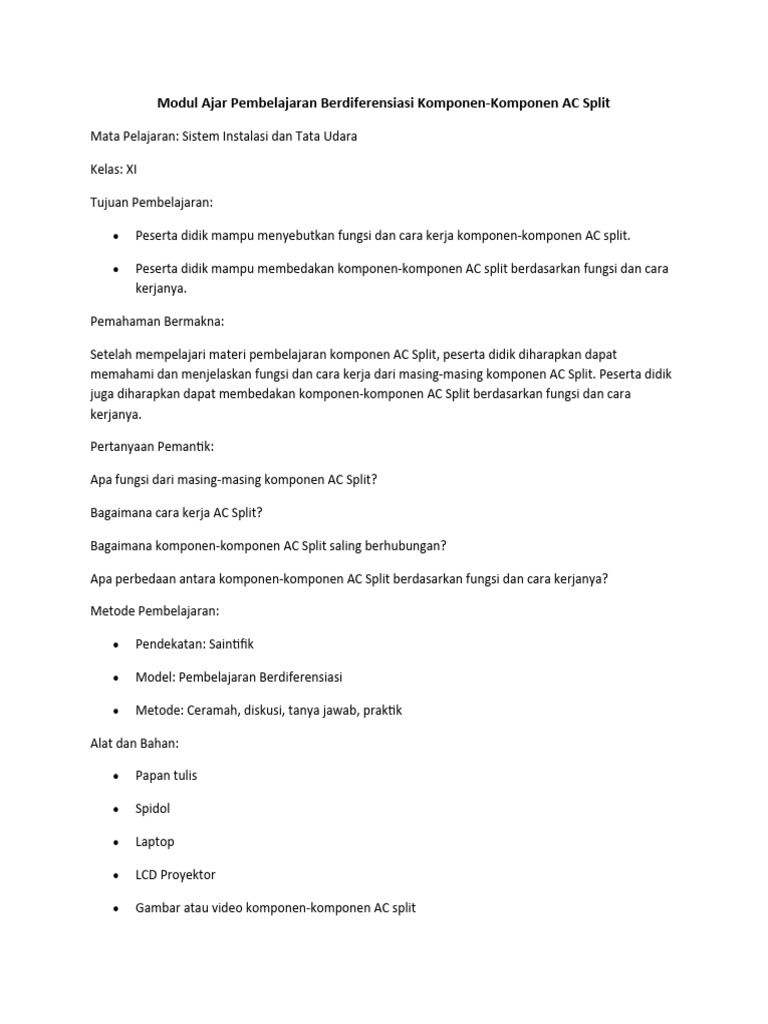 Modul Ajar Komponen Ac Split | PDF