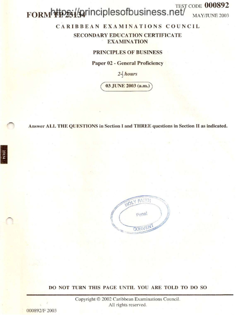 Csec CXC Pob Past Papers June 2003 Ppaper 02 PDF | PDF | Retail | Business
