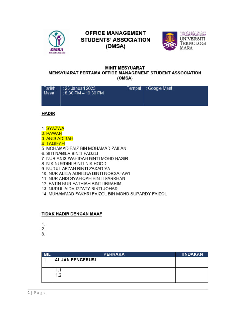 Template Minit Mesyuarat | PDF