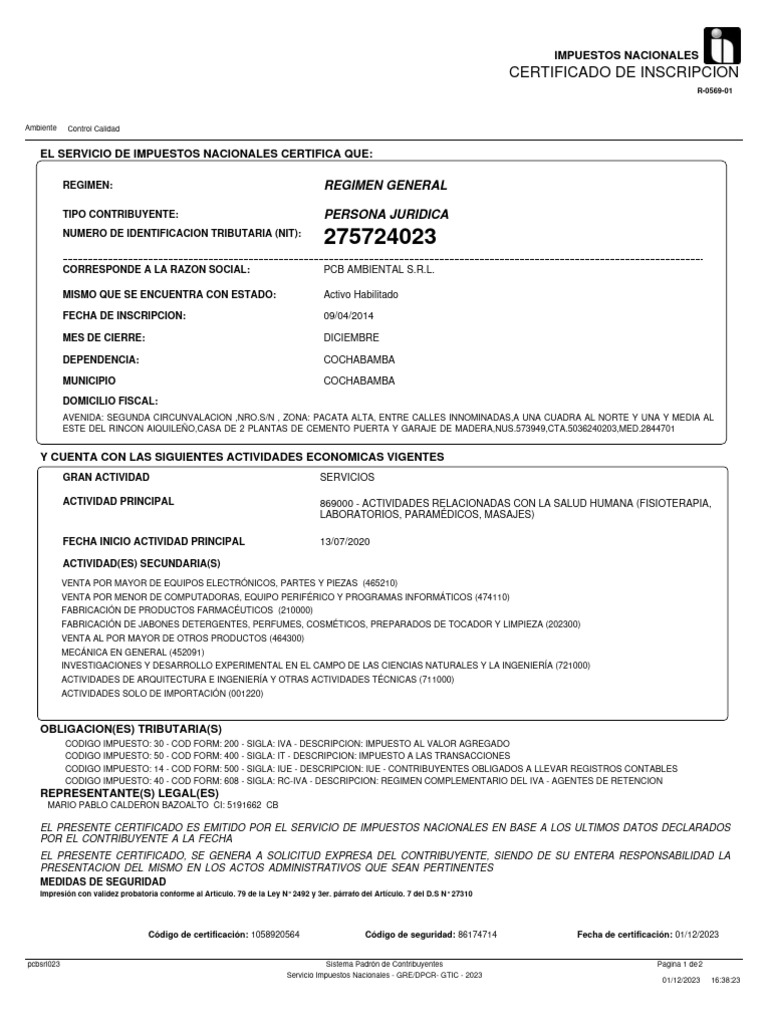 Certificado de Inscripcion Nit | PDF | Impuestos