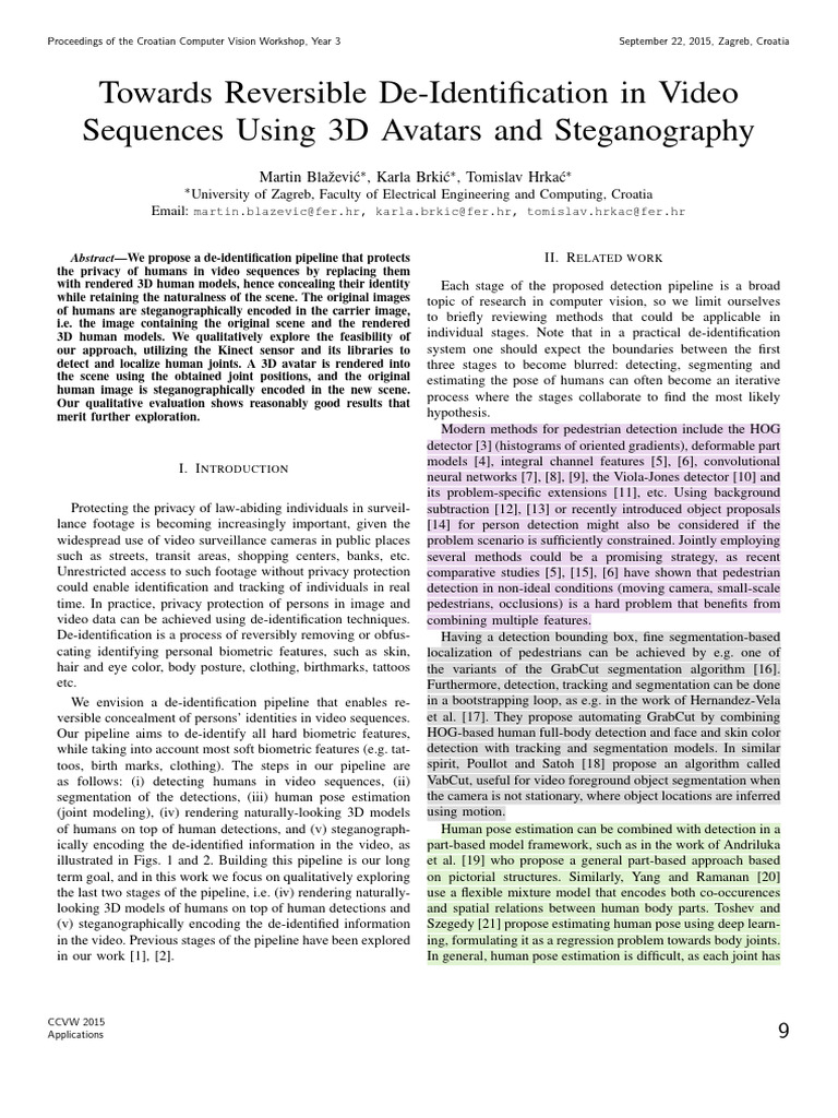 Towards Reversible De-Identification in Video Sequences Using 3D Avatars and Steganography | PDF ...