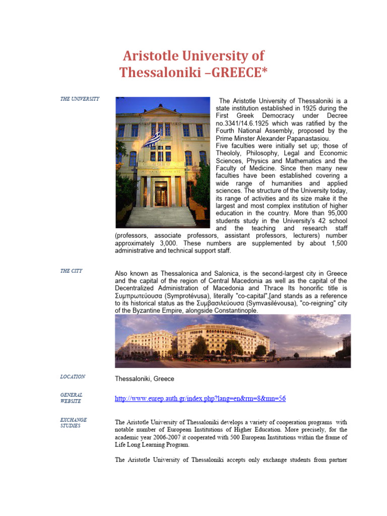 Aristotle University of Thessaloniki - GREECE Summary | PDF