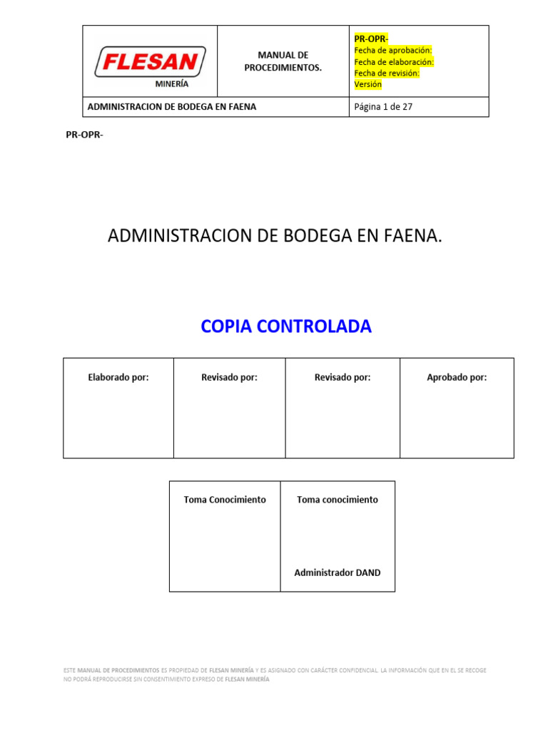 Procedimiento Administracion de Bodega (Op-Sst-Ma) | PDF