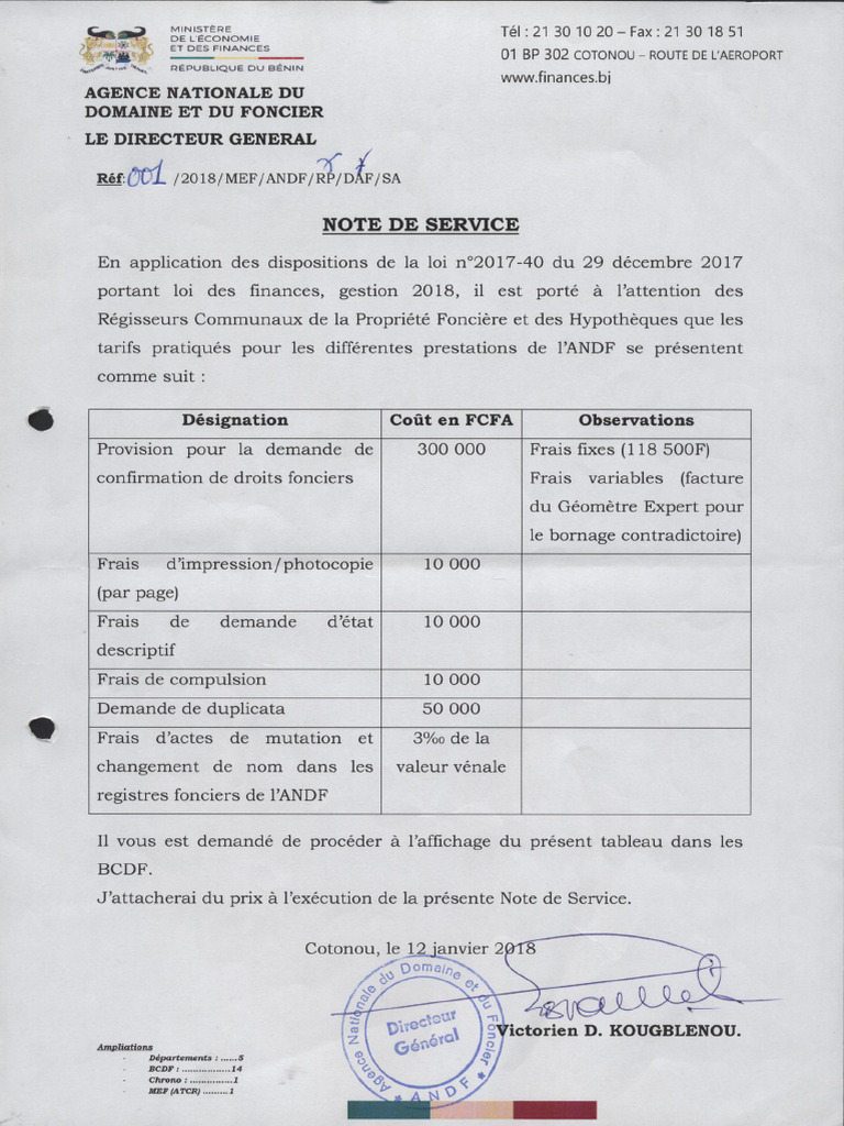 Note De Service 001 Cout Des Prestations De Landf Pdf