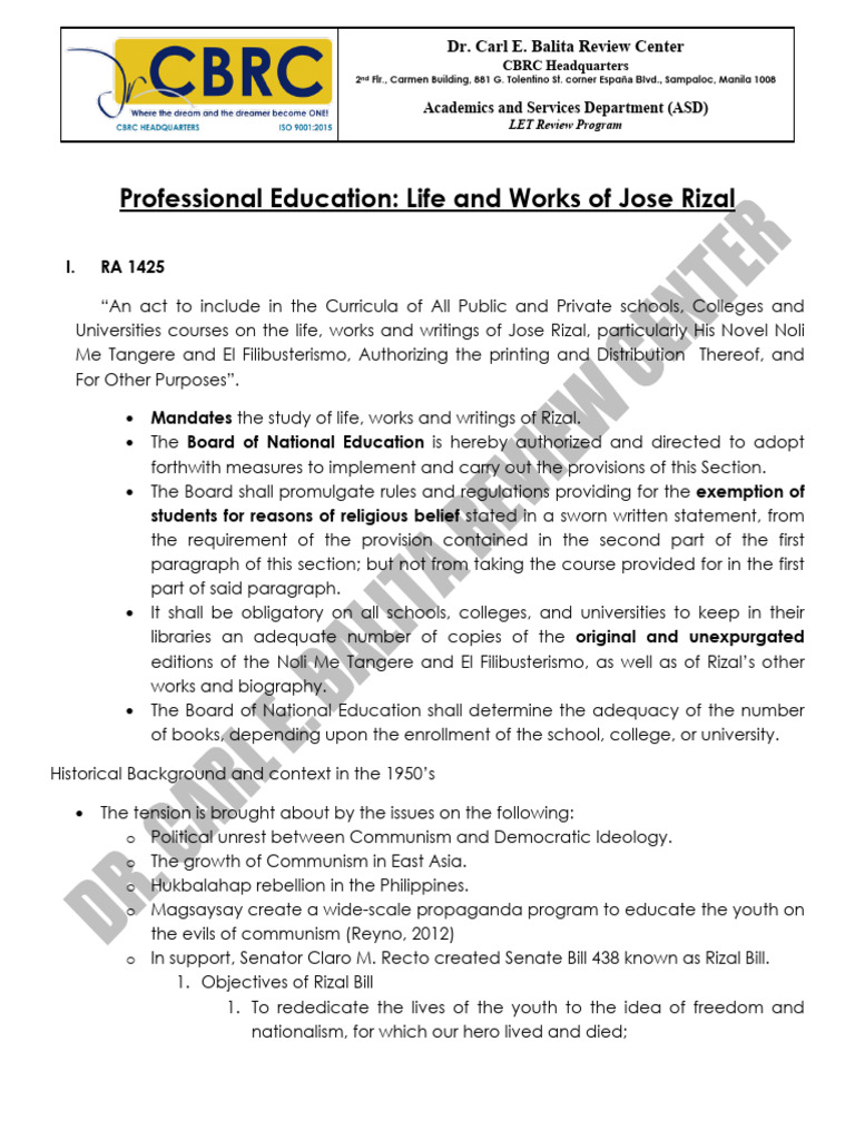 Life and Works of Jose Rizal Handouts | PDF | Philippines