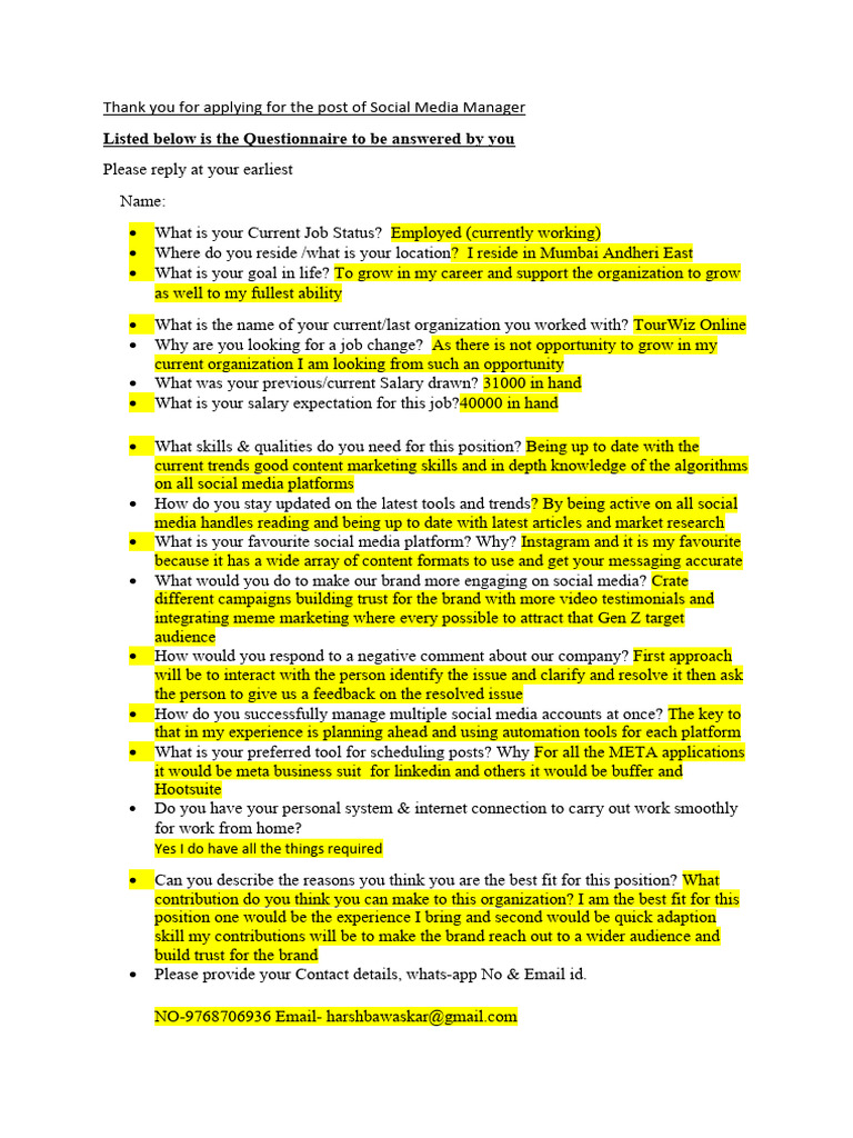 Social Media Manager Application Questionnaire | PDF | Social Media ...