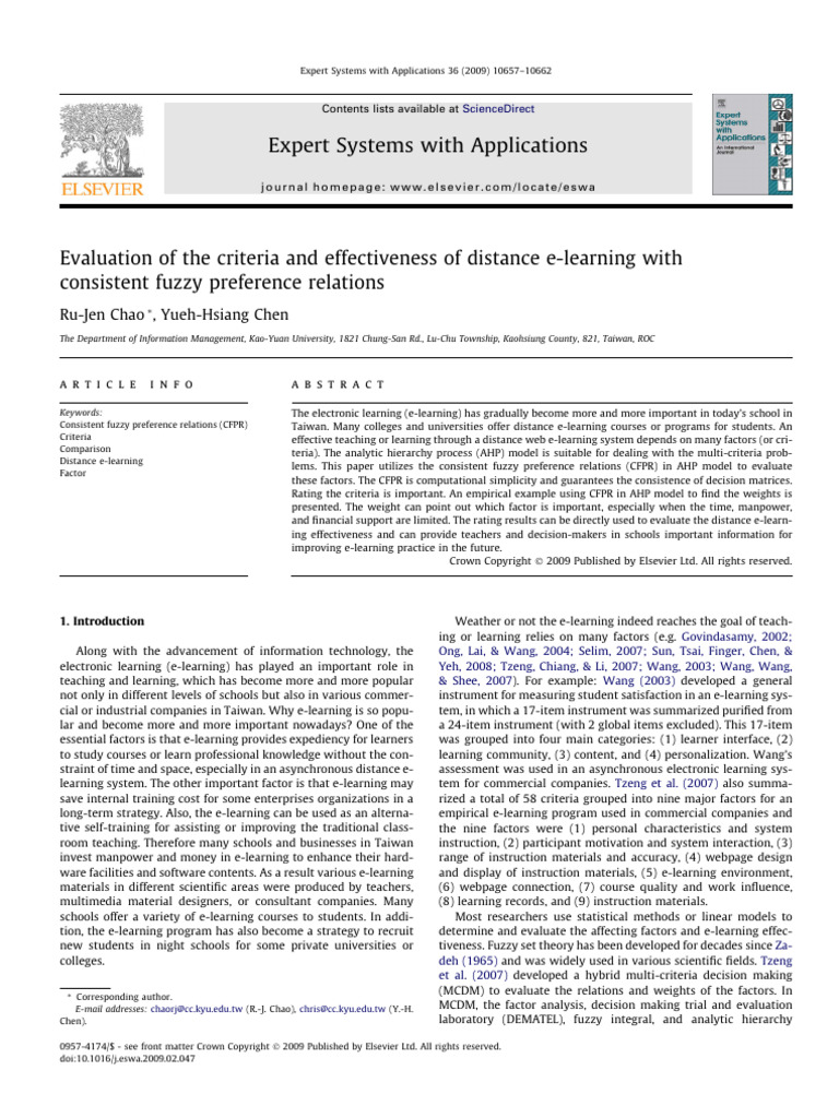 Evaluation of The Criteria and Effectiveness of Distance E-Learning With Consistent Fuzzy ...