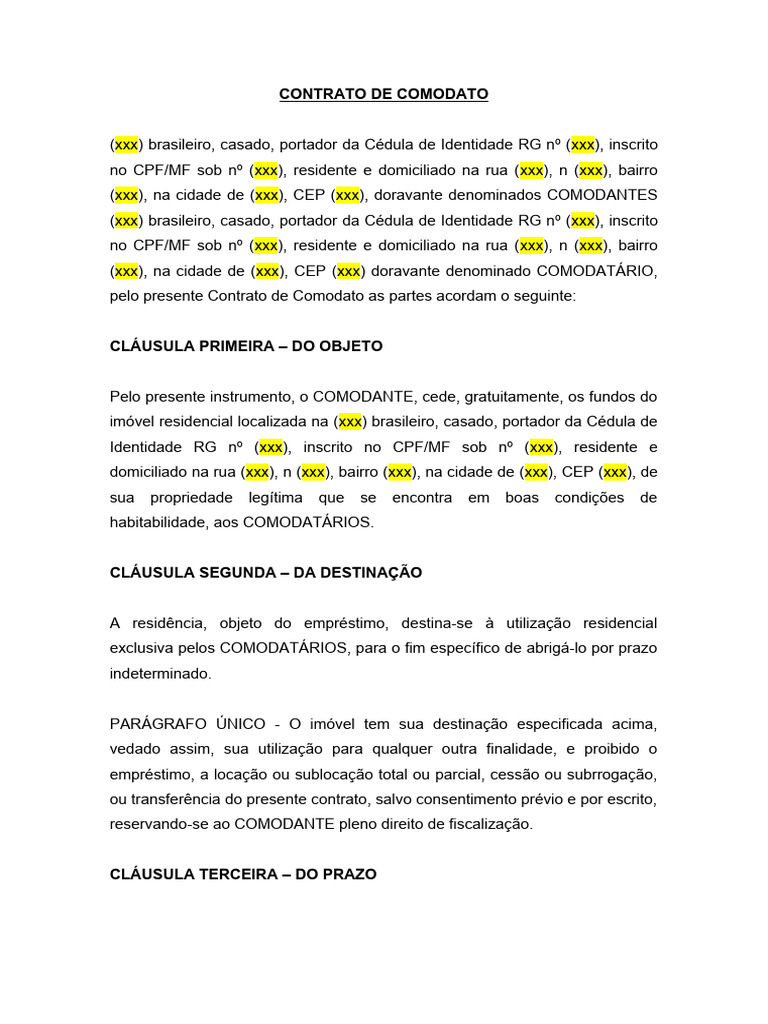 CONTRATO DE COMODATO modelo | PDF
