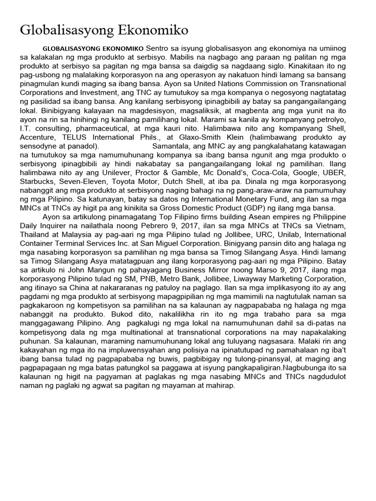 Globalisasyong Ekonomiko | PDF
