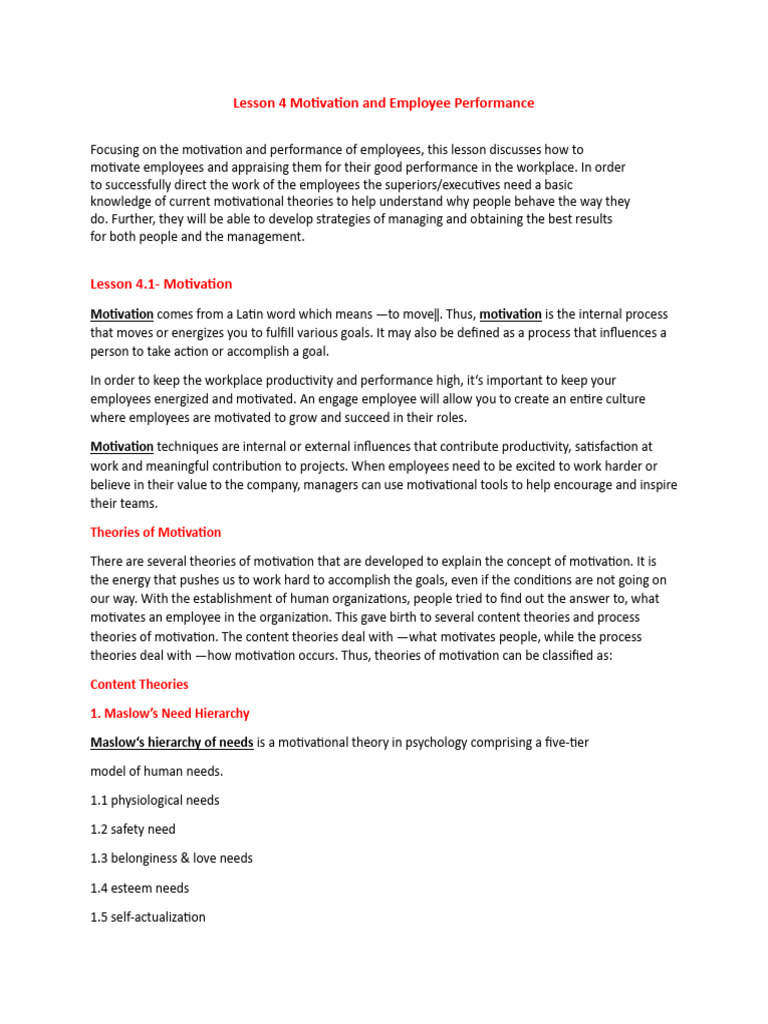 Lesson 4 Motivation and Employee Performance - Admin and Ofc MGT ...