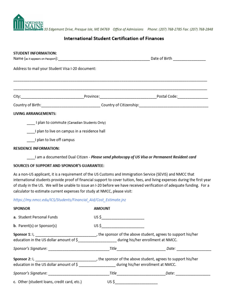 International Student Financial Form | PDF | Travel Visa | Credit