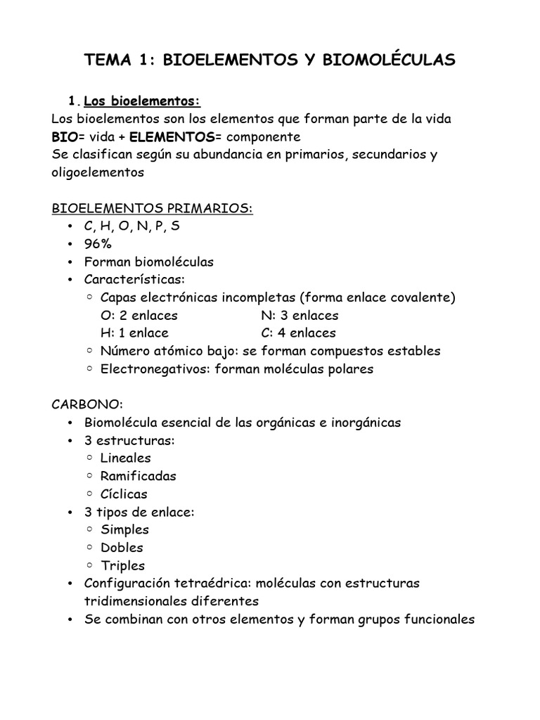 Tema 1 Bioelementos y Biomoléculas 2batc | Descargar gratis PDF | Biomoléculas | Ósmosis